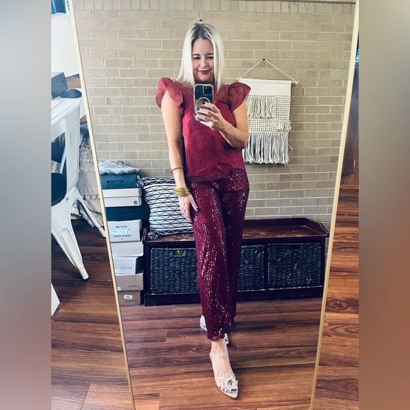 TCEC | Tops | Tcec Burgundy Sheer Ruffle Blouse | Poshmark